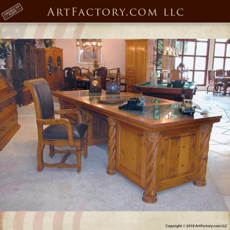 Fine Art Hand Carved Executive Desk: Genuine Granite Inlay Top