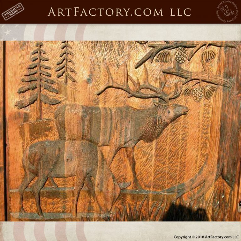 Elk Hand Carved Door: Handmade Wood Entrance With Custom Sidelights