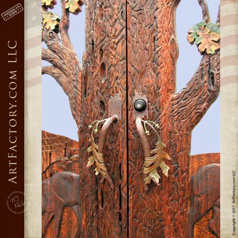 Autumn Forest Inspired Entrance Doors: Fine Art Colorized Wood Carvings