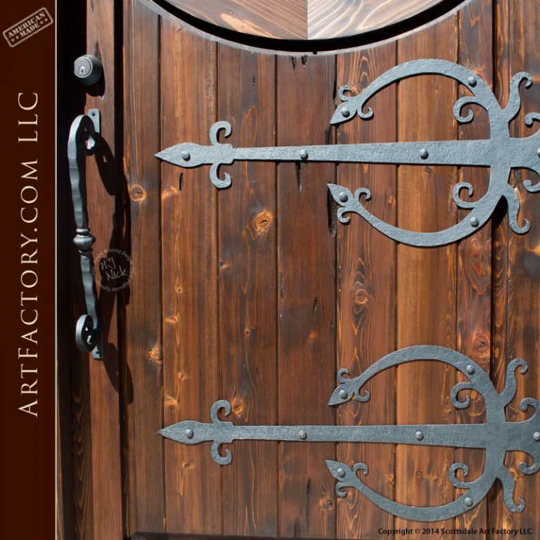 Arched Wooden Medieval Door: Blacksmith Hand Forged Security Grill