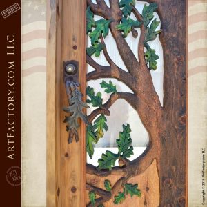 Hand Carved Oak Tree Door - Hand Forged Oak Leaf Hardware