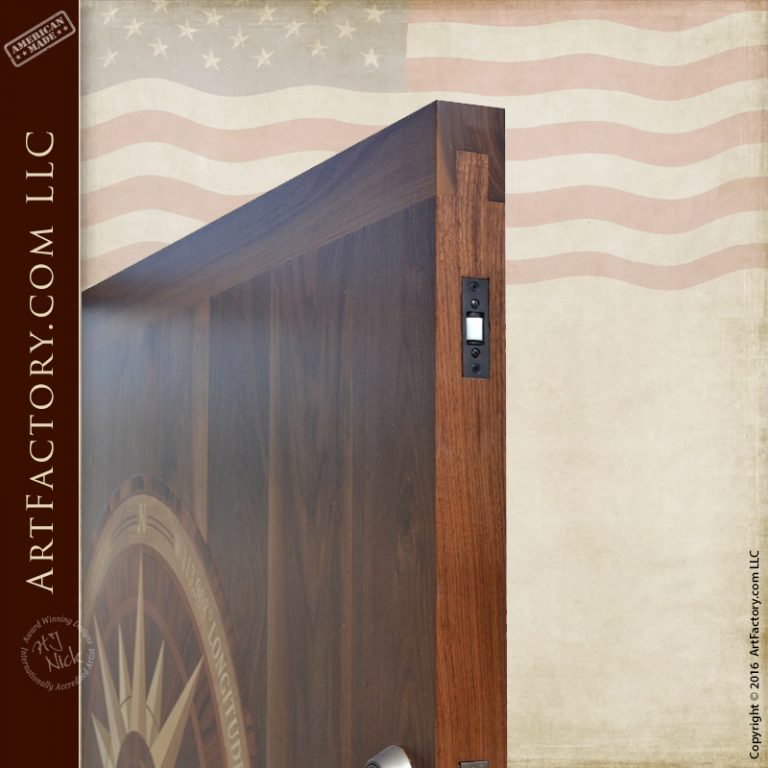 Nautical Compass Inlay Entrance Door: Handcrafted Solid Black Walnut