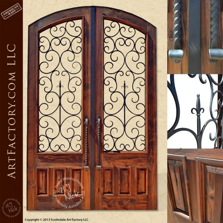 French Ironwork Wooden Double Gate: Custom Eyebrow Arched Design