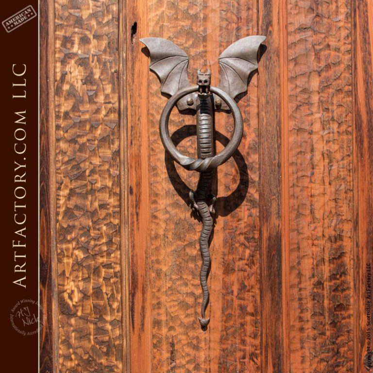 Hand Forged Dragon Door Knocker: With Twisted Ring Pull