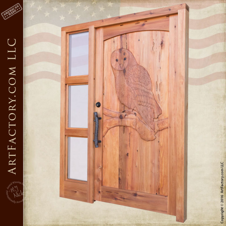 Custom Wooden Door with Sidelight - Hand Carved Owl - Scottsdale Art ...