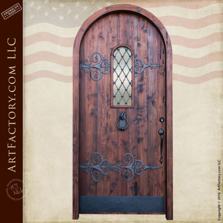 Custom Fortress Door: With Window Grill And Decorative Strap Hinges