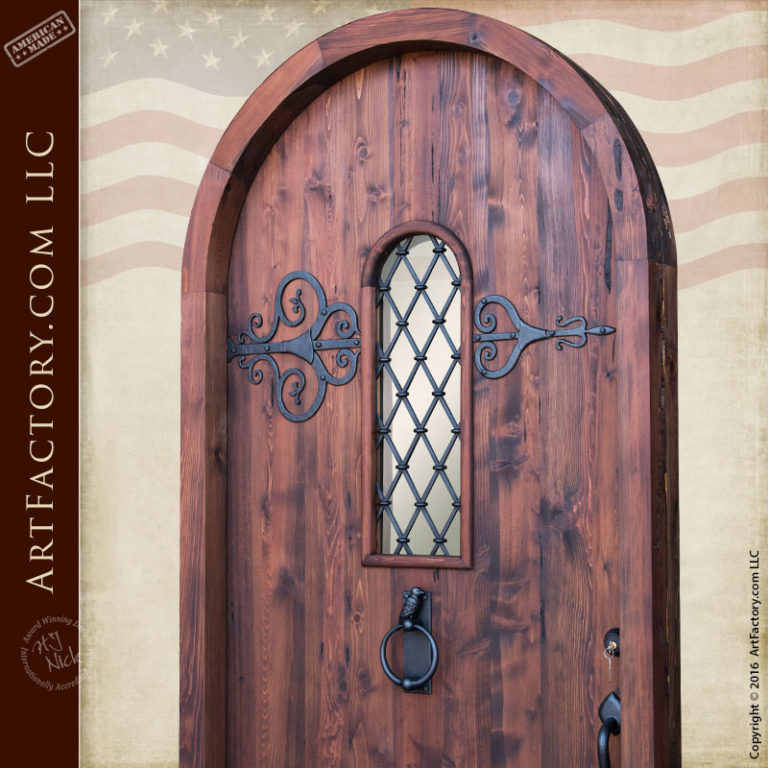 Custom Fortress Door: With Window Grill And Decorative Strap Hinges