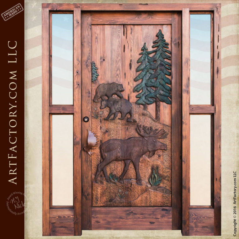 Custom Hand Carved Wildlife Door: Lodge Door With Sidelights