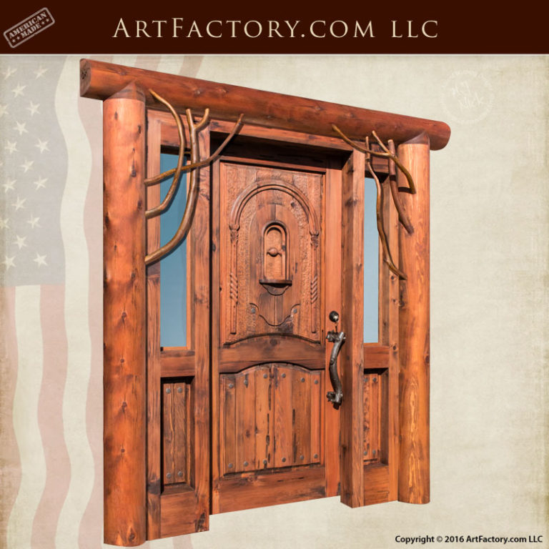Custom Log Cabin Door: Rustic Solid Wood Entrance With Sidelights