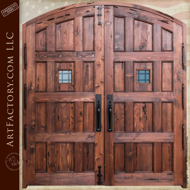 Castle Style Arched Double Doors: Custom Hand Forged Iron Hardware