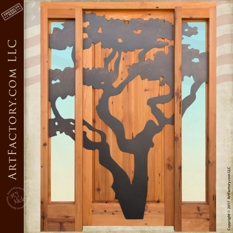 Custom Arboreal Front Door: Blacksmith Hand Forged Iron Tree Overlay