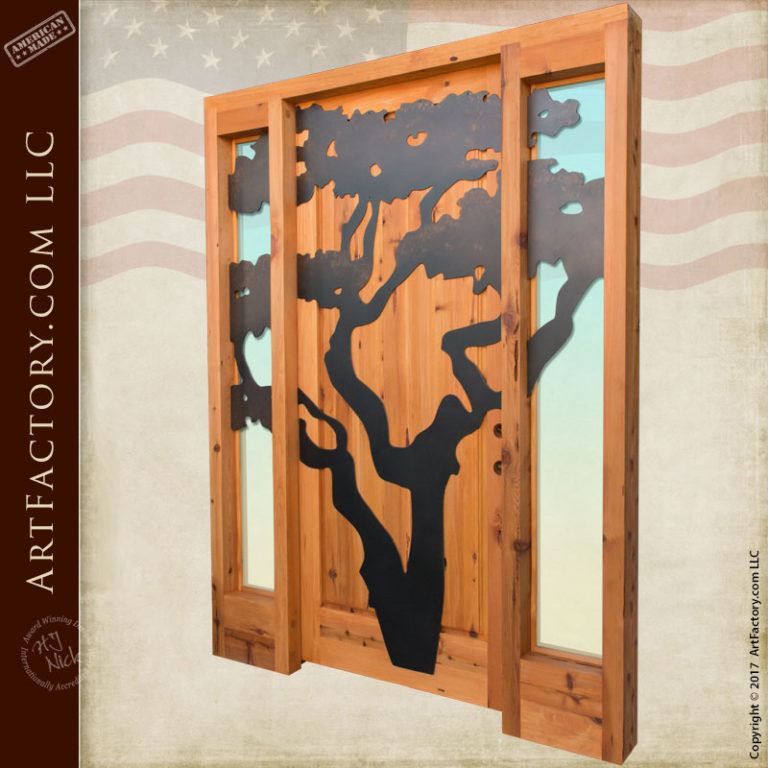 Custom Oak Tree Door: Wood Door With Iron Overlay And Sidelights