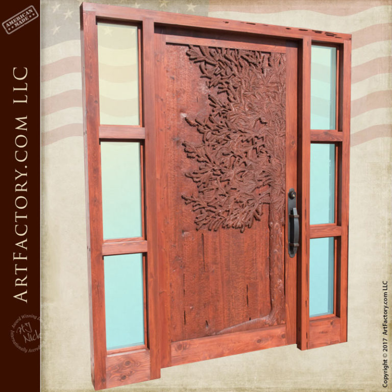 Hand Carved Douglas Fir Exterior Door With Sidelights
