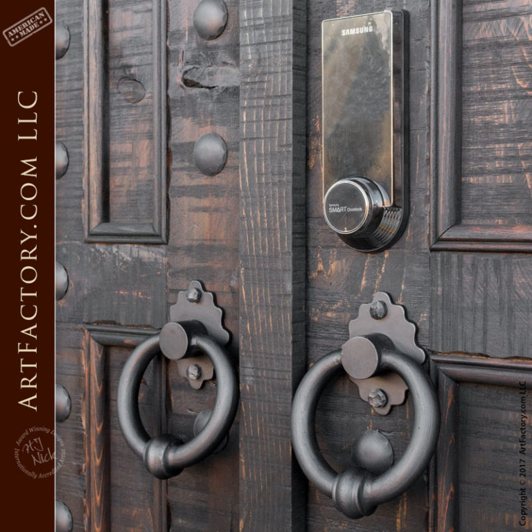 Castle Style Entrance Double Doors: Custom Wrought Iron Hardware