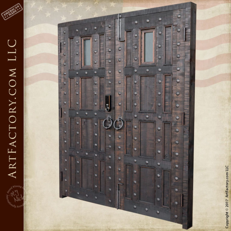 Castle Style Entrance Double Doors: Custom Wrought Iron Hardware