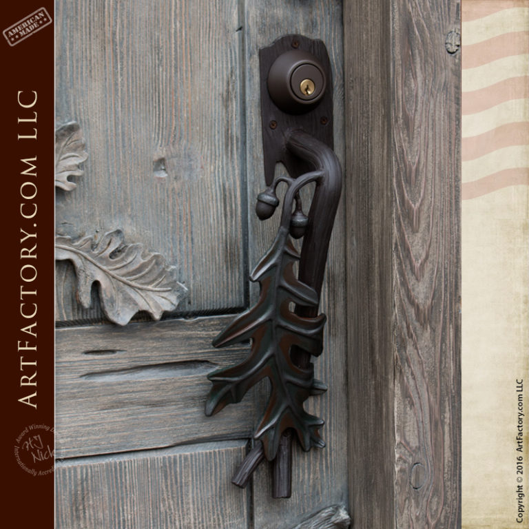 Oak Leaf Door Pull: Custom Hand Forged Wrought Iron Handle With Acorns