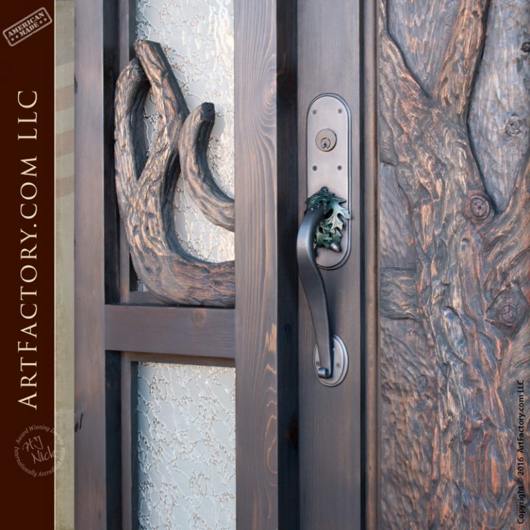 Oak Tree Theme Door: Hand Carved Wood With Decorative Glass Sidelights