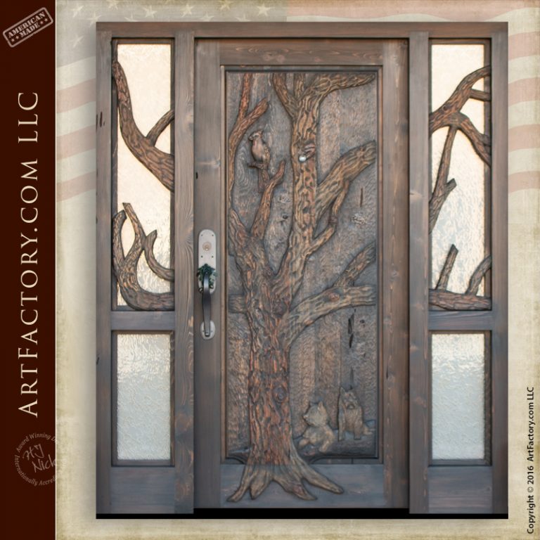 Oak Tree Theme Door: Hand Carved Wood With Decorative Glass Sidelights