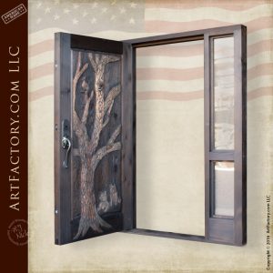 Oak Tree Theme Door: Hand Carved Wood With Decorative Glass Sidelights