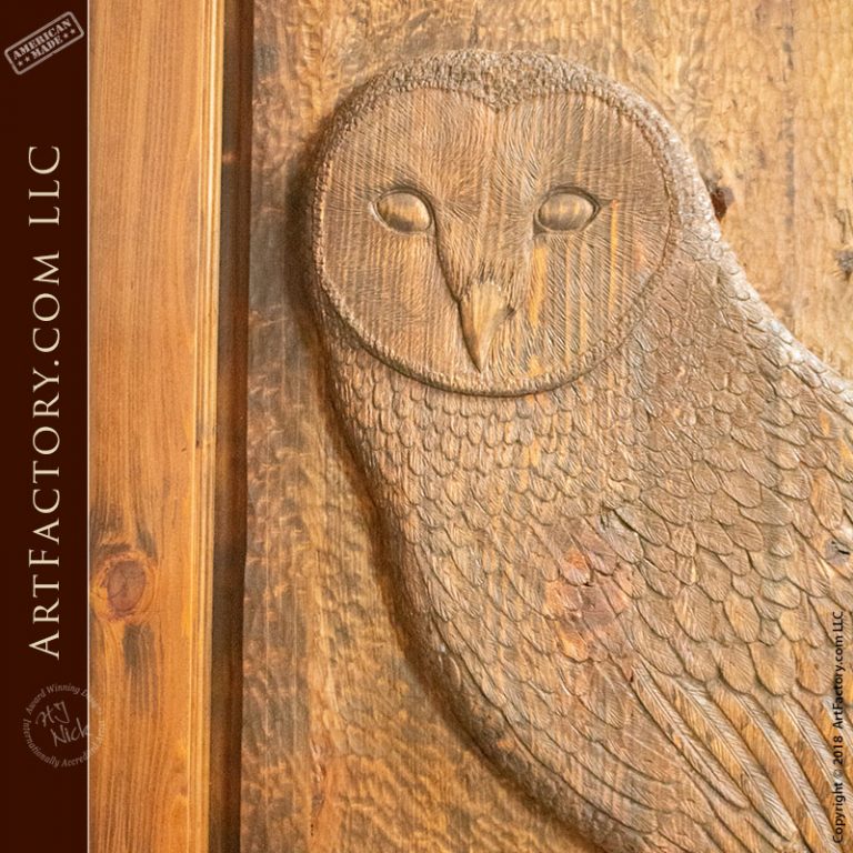Owl Carved Front Door: With Peaked Transom, French Panel Sidelights