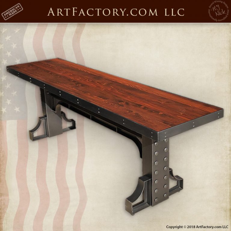 Custom Adjustable Height Table: Solid Wood & Hand Forged Wrought Iron