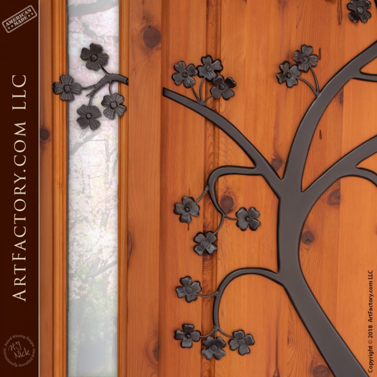 Custom Dogwood Tree Door: With Blacksmith Hand Forged Iron Overlay
