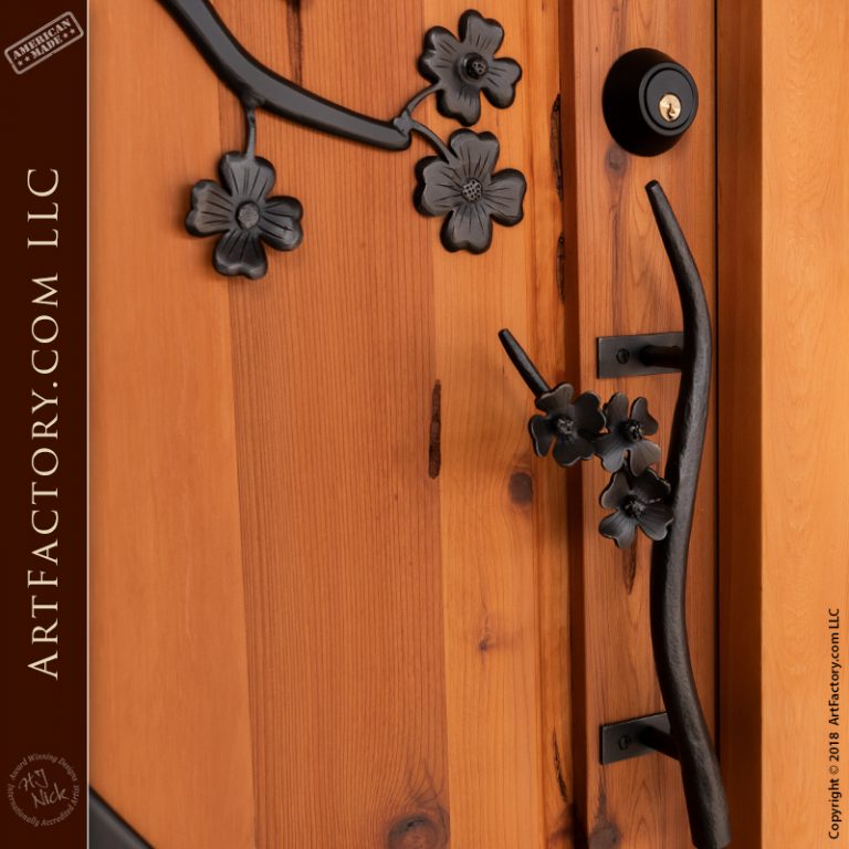Custom Dogwood Tree Door: With Blacksmith Hand Forged Iron Overlay