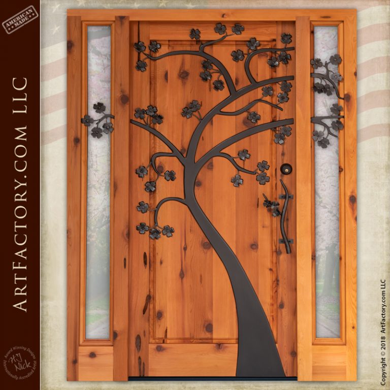 Custom Dogwood Tree Door: With Blacksmith Hand Forged Iron Overlay