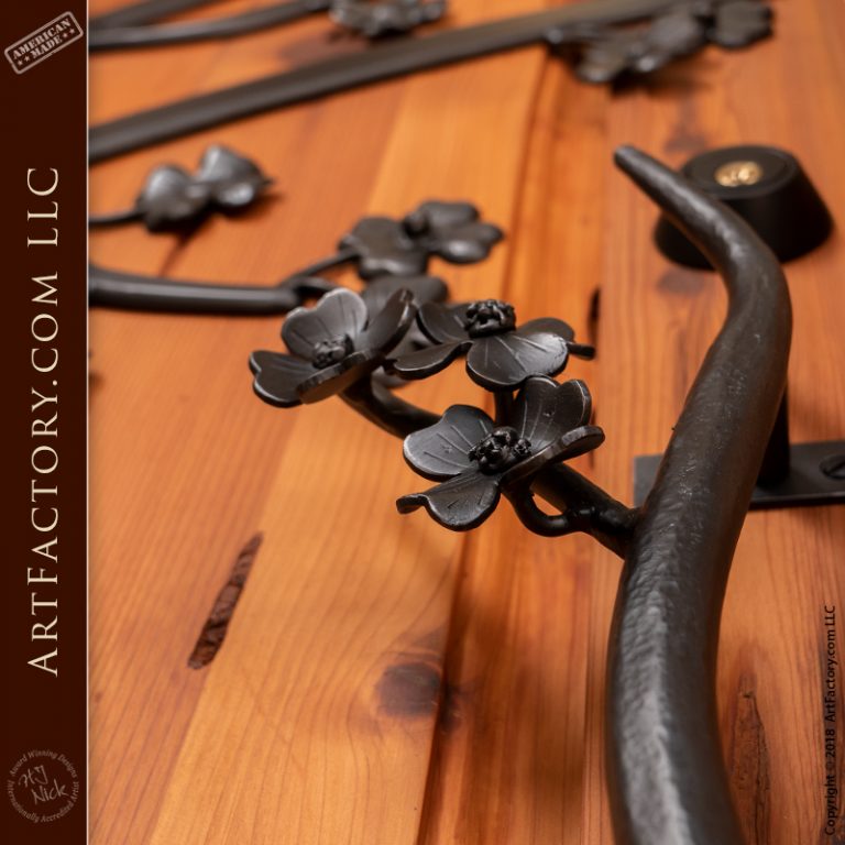 Custom Dogwood Tree Door: With Blacksmith Hand Forged Iron Overlay
