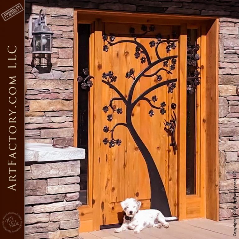 Custom Arboreal Front Door: Blacksmith Hand Forged Iron Tree Overlay