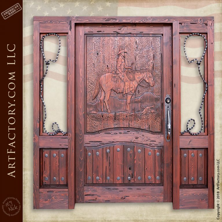 Western Hand Carved Door: American Cowboy Riding Weary