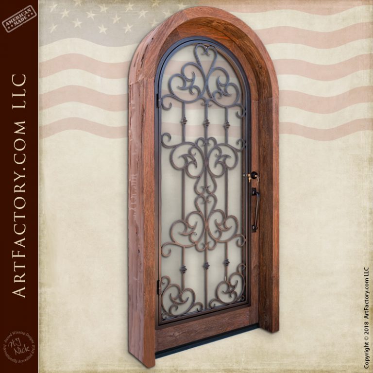 Arched Security Door: With Custom Hand Forged Iron Hinged Grill