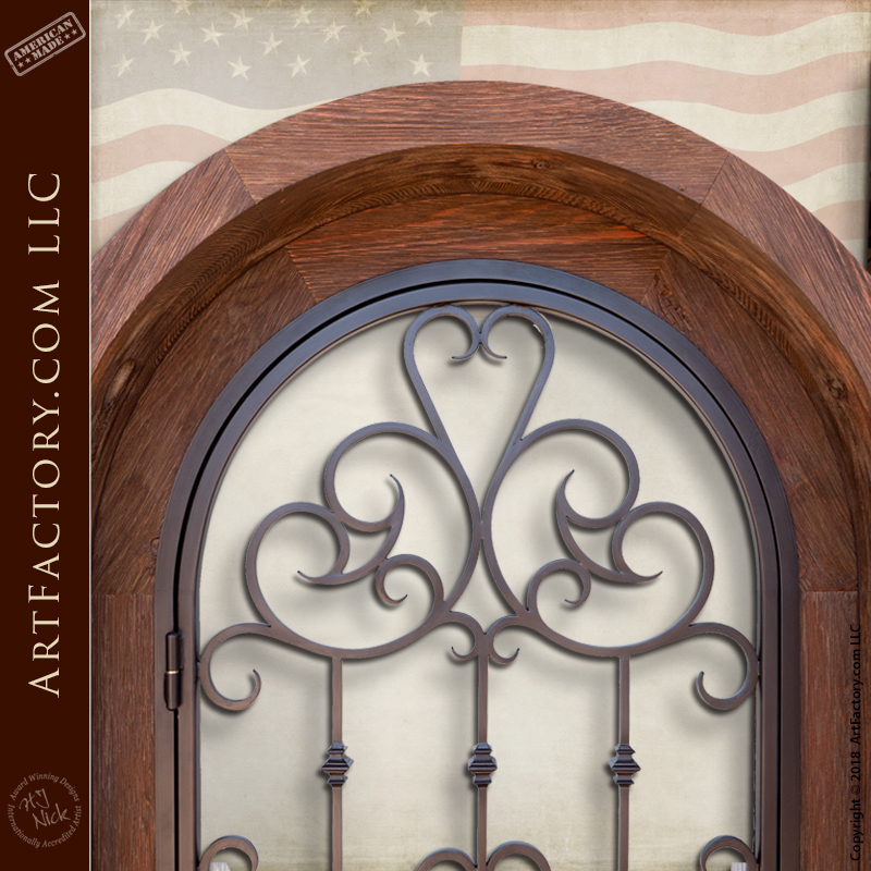 Arched Security Door: With Custom Hand Forged Iron Hinged Grill