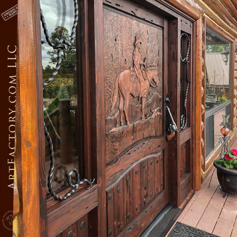Western Hand Carved Door: American Cowboy Riding Weary