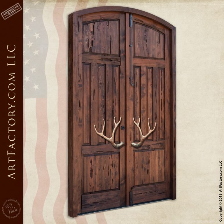 Elk Lodge Entrance Doors: Solid Wood With Custom Antler Handles