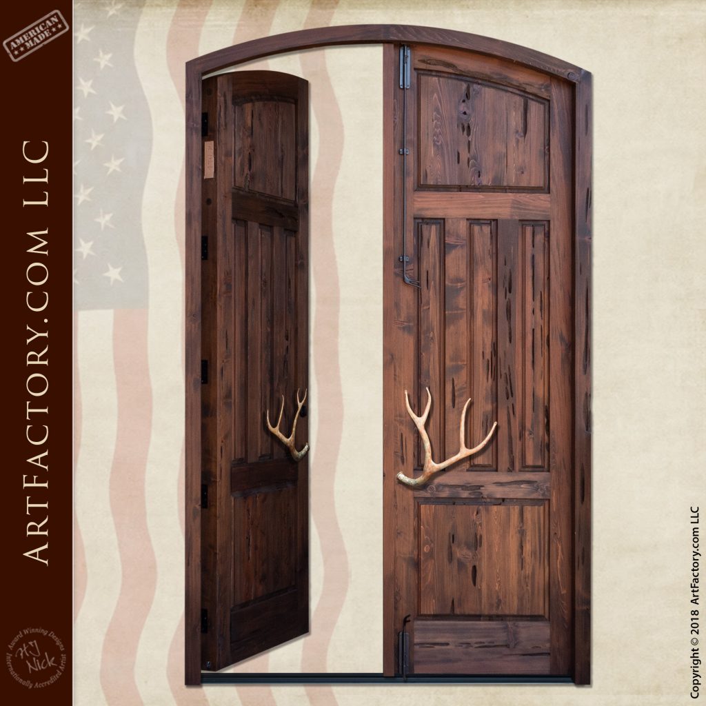 Elk Lodge Entrance Doors: Solid Wood With Custom Antler Handles