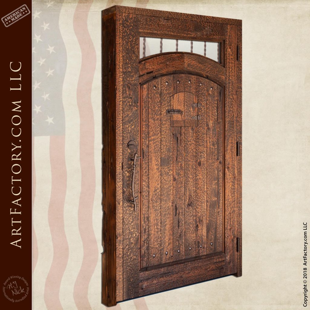 Rustic Cabin Entrance Door: Custom Solid Pre-Weather Wood Design