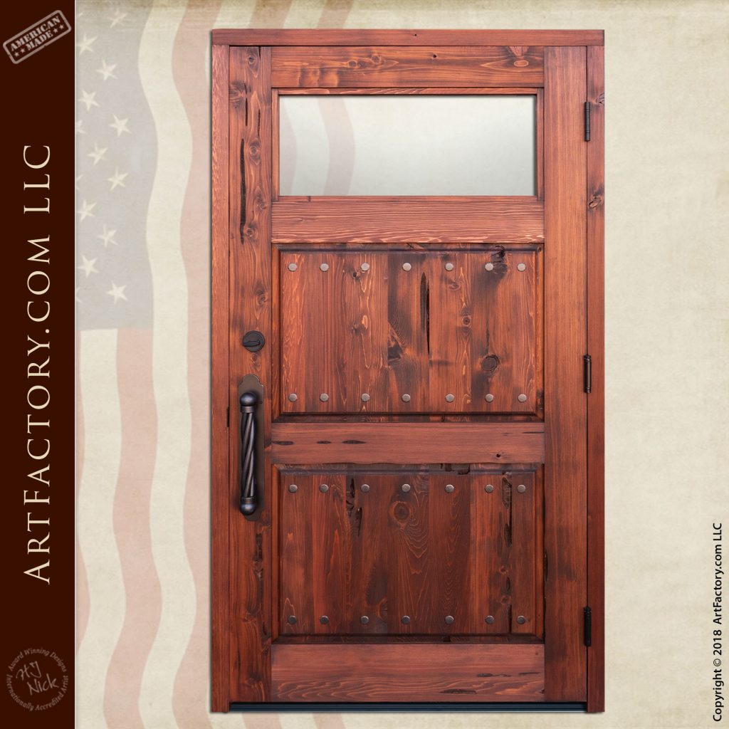 Rustic 3 Panel Door: Solid Wood, Tempered Glass, Wrought Iron Hardware