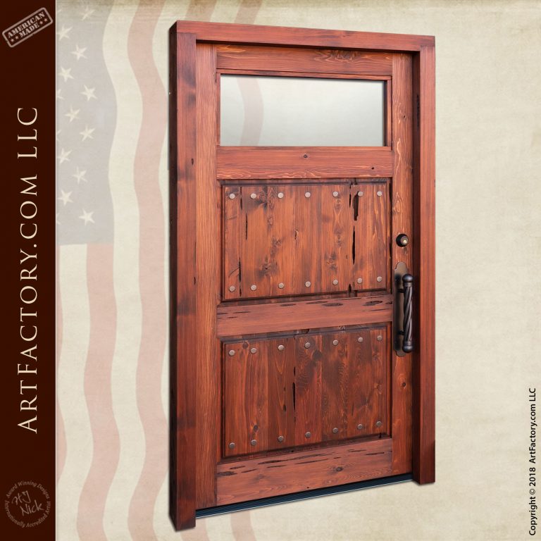 Rustic 3 Panel Door: Solid Wood, Tempered Glass, Wrought Iron Hardware