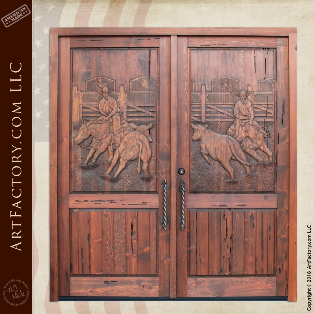 Western Hand Carved Door: American Cowboy Riding Weary