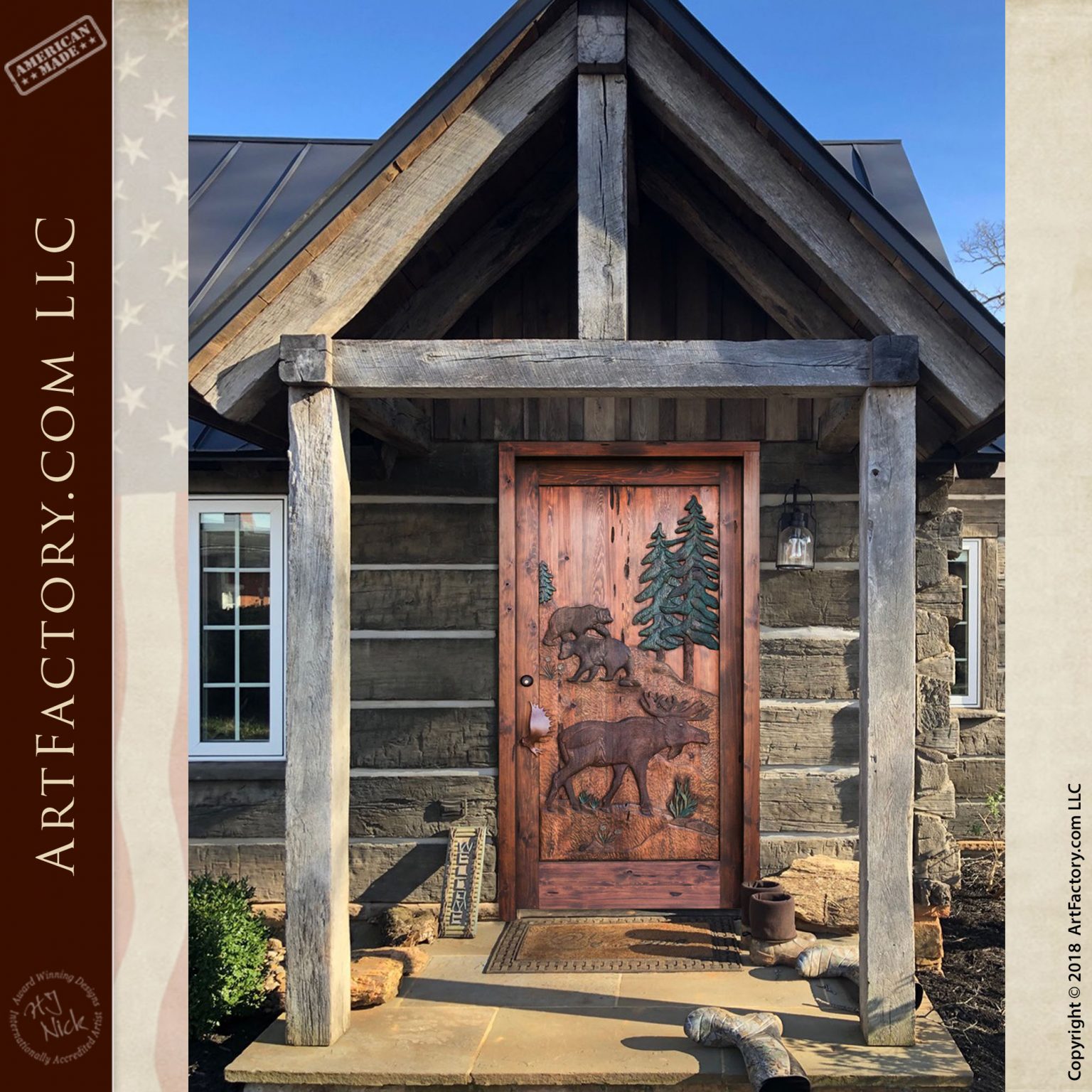 Moose Hand Carved Front Door: Master Handcrafted From Solid Wood