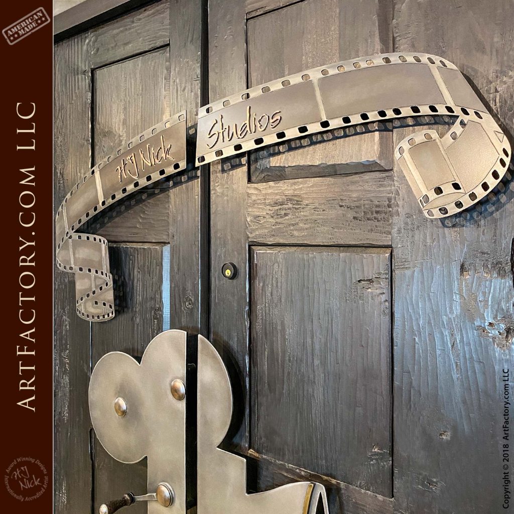 Custom Movie Camera Door Handle: Decorative Iron Film Strip Overlay