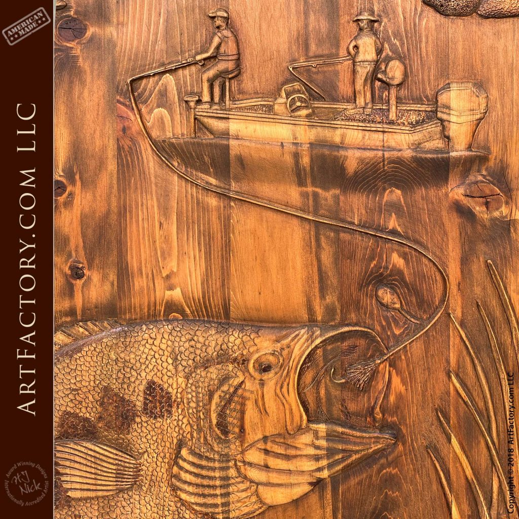 Bass Fishing Carved Door: Handcrafted Fine Art Etched Glass Sidelights