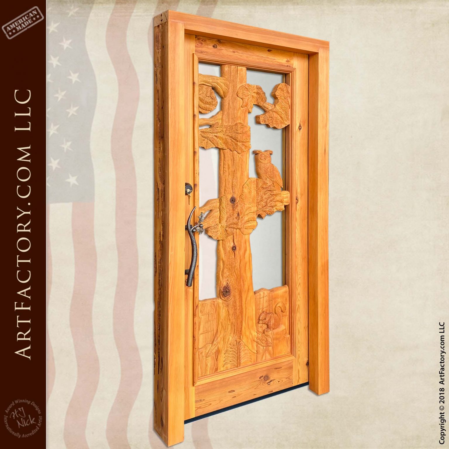 Log Cabin Entry Door: Fine Art Hand Carved Perched Owl Oak Tree Scene
