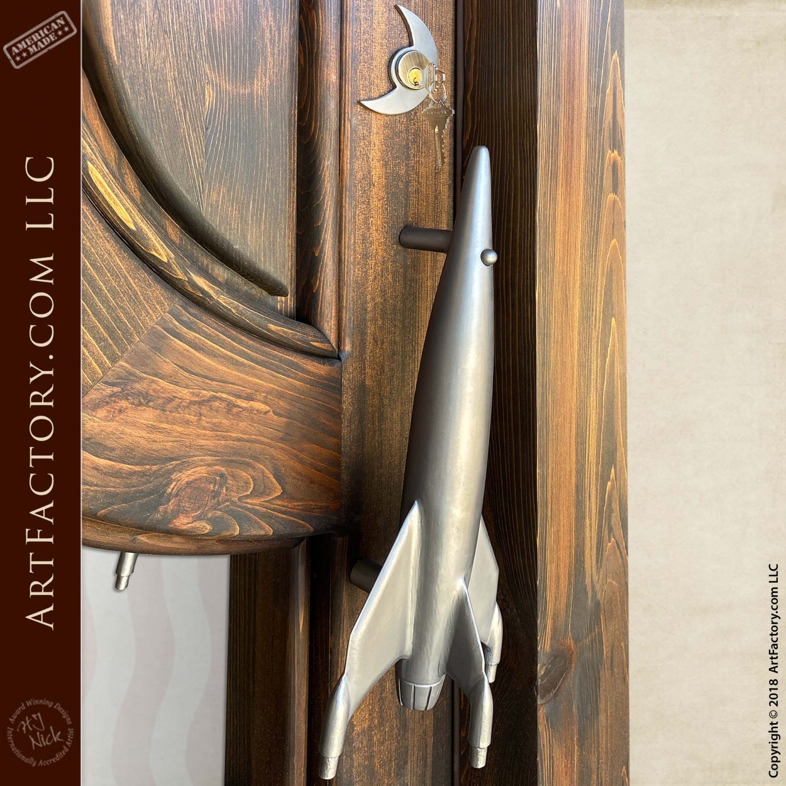 Custom Astronomy Theme Door: Crescent Moon Window & Rocket Handle