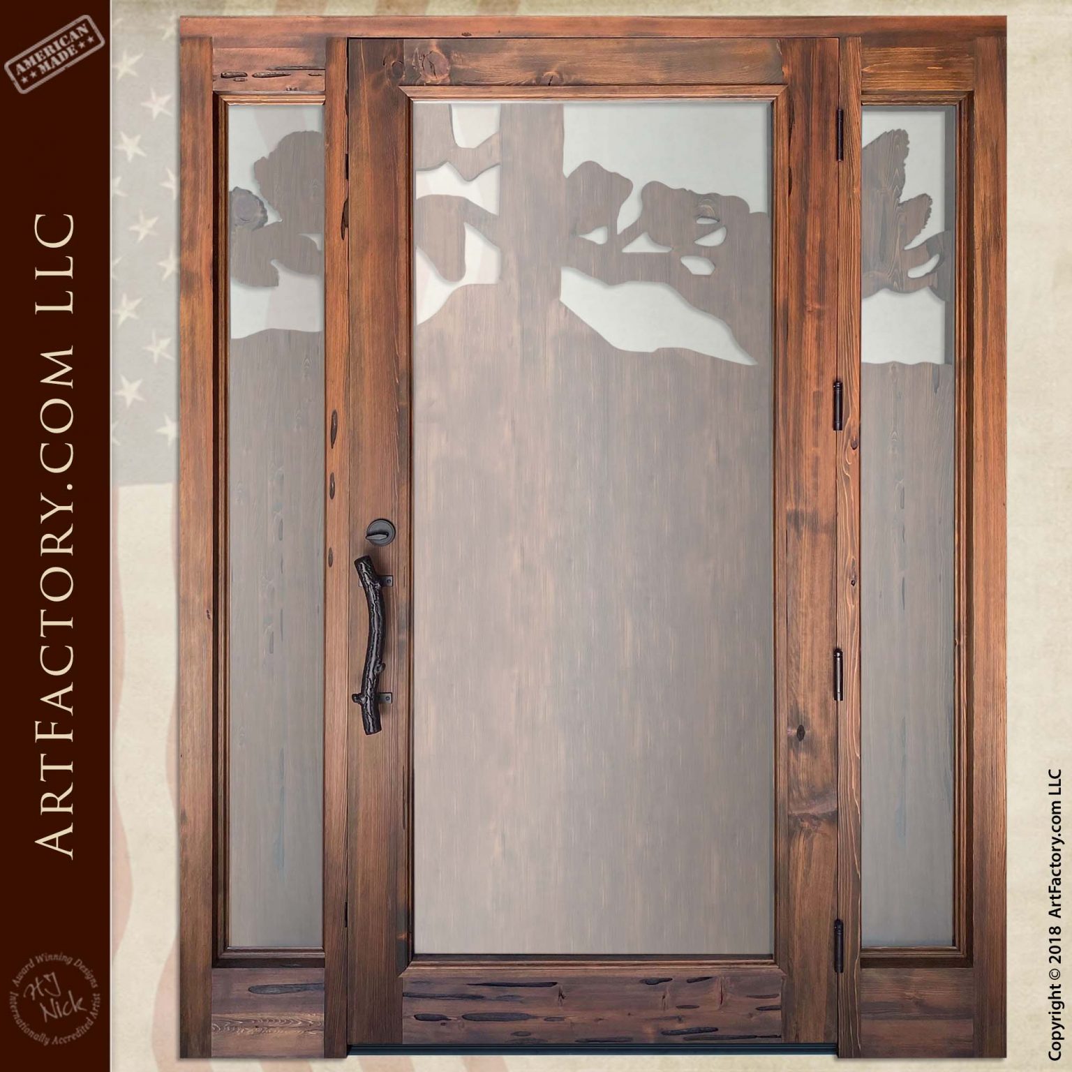 Forest Deer Carved Door: Fine Art Custom Lodge Entrance With Sidelights