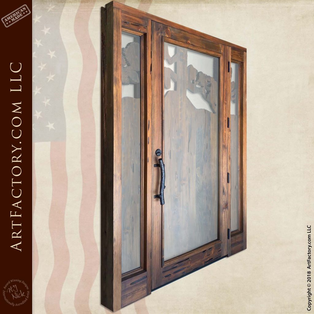 Forest Deer Carved Door: Fine Art Custom Lodge Entrance With Sidelights