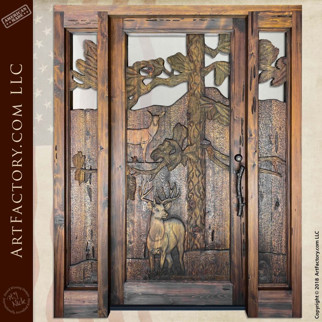 Moose Theme Carved Door: Solid Wood Hand Built Lodge Doors