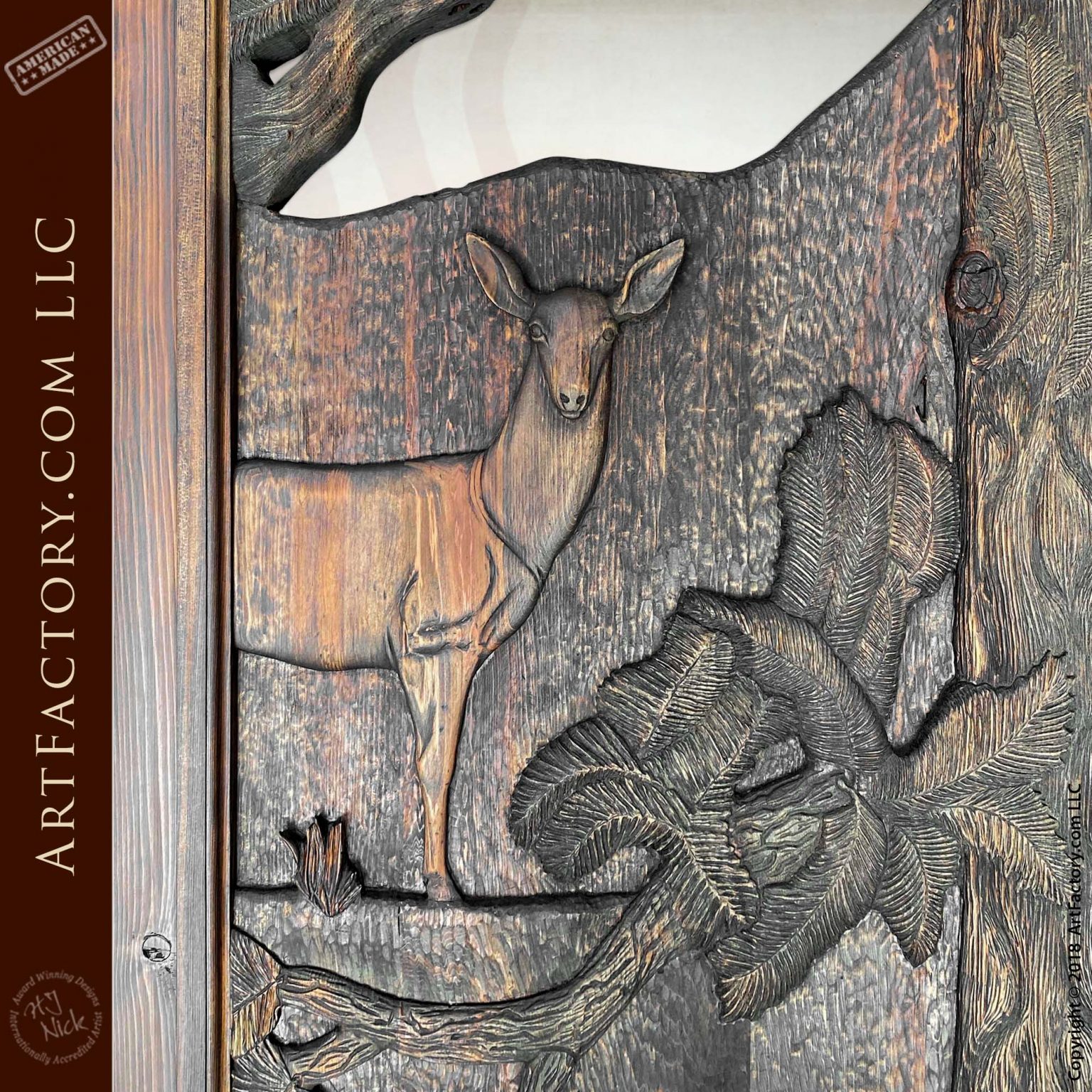 Forest Deer Carved Door: Fine Art Custom Lodge Entrance With Sidelights