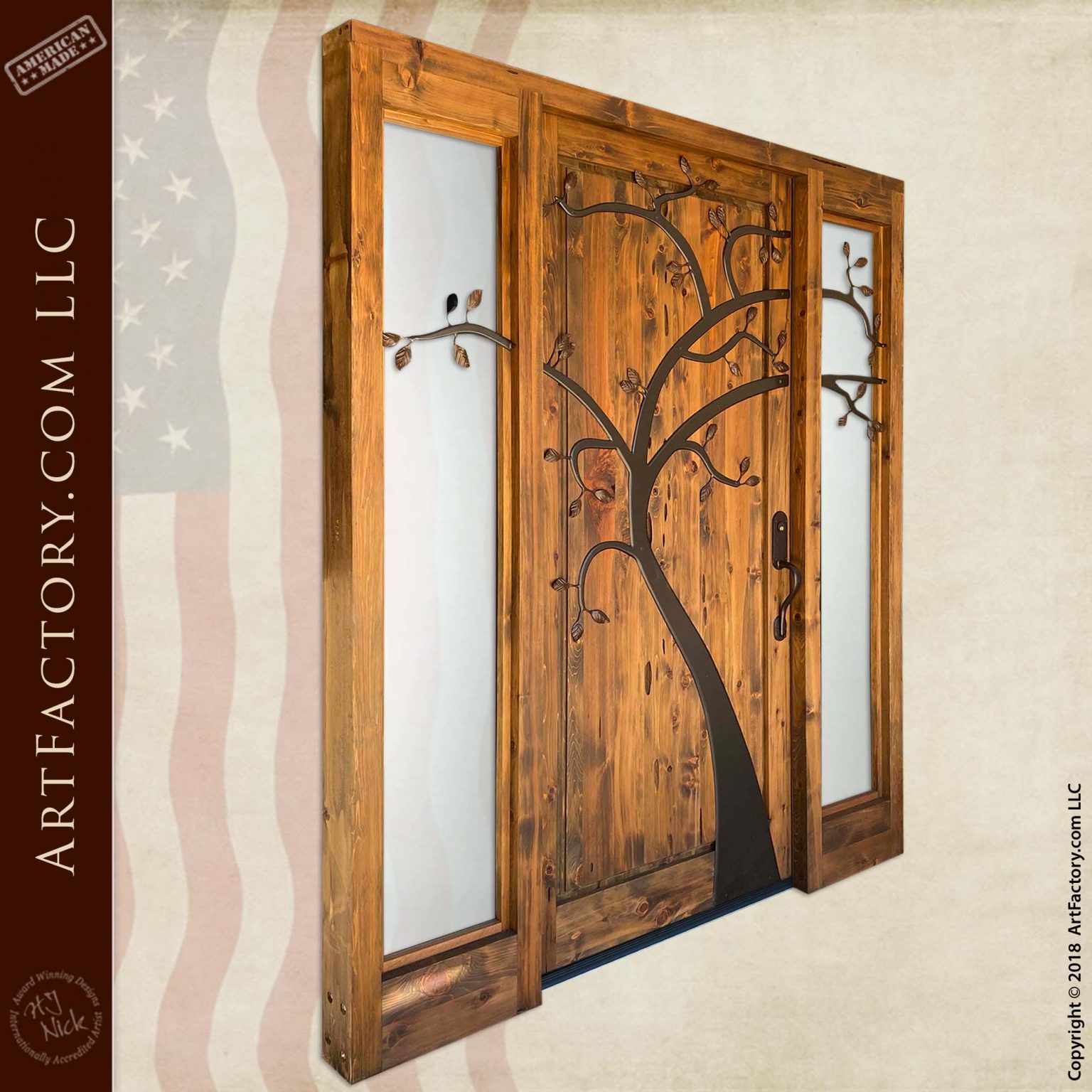 Custom Winter Tree Door: Hand Forged Iron Decorative Overlay, Sidelights